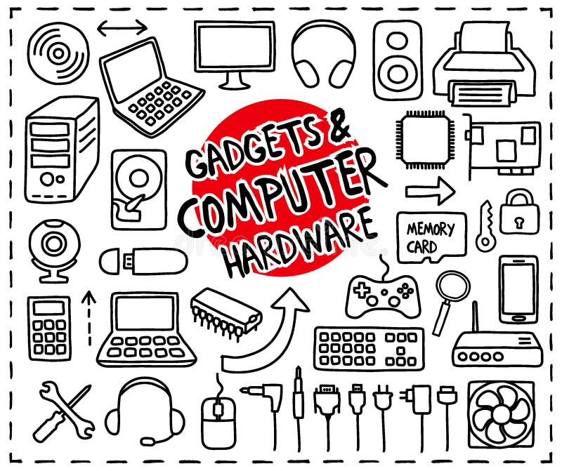 Doodle Computer Hardware Icons Stock Vector - Illustration of drawing ...