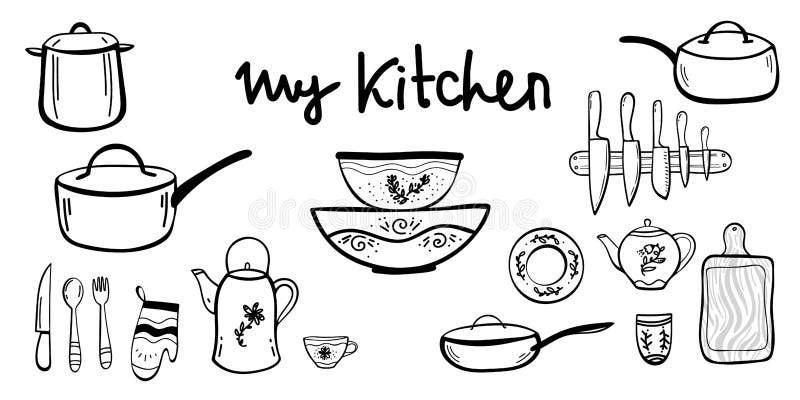 Doodle Cook`s Tools and Items Set. Hand-drawn Design Elements. Vector ...