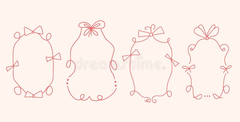 Doodle Coquette Frames with Bows. Vintage Line Wavy Border with Ribbons ...