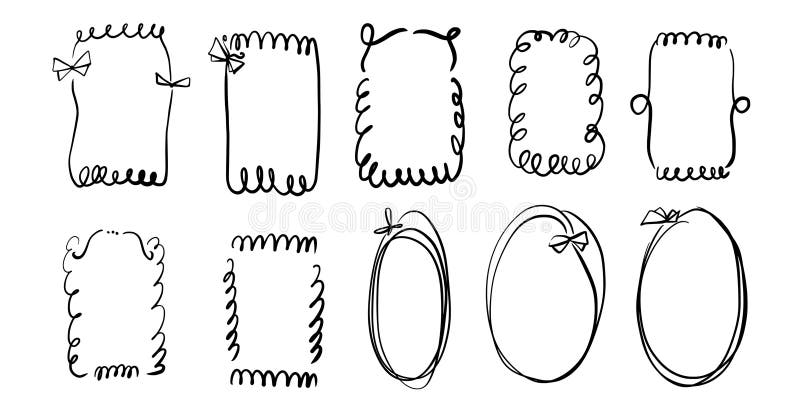 Doodle Coquette Frames with Bows. Vintage Scribble Line Wavy Border ...