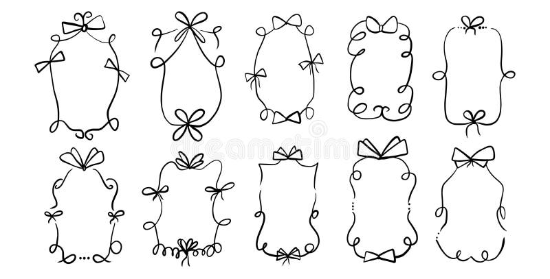 Doodle Coquette Frames with Bows. Vintage Scribble Line Wavy Border ...