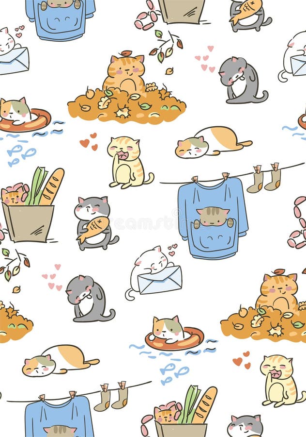 Doodle Cute Little Cat Vector Seamless Pattern Stock Illustration ...