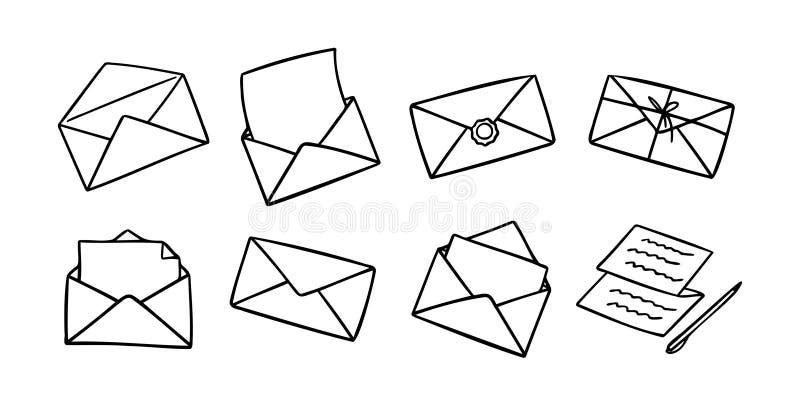 Doodle Cute Mail Outline Letters and Envelope Set. Hand Drawn Outline ...