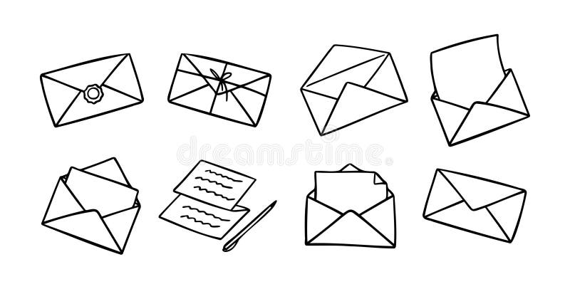 Doodle Cute Mail Outline Letters and Envelope Set. Hand Drawn Outline ...