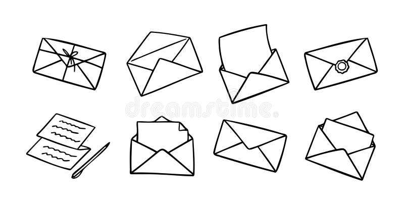 Doodle Cute Mail Outline Letters and Envelope Set. Hand Drawn Outline ...