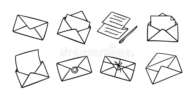 Doodle Cute Mail Outline Letters and Envelope Set. Hand Drawn Outline ...