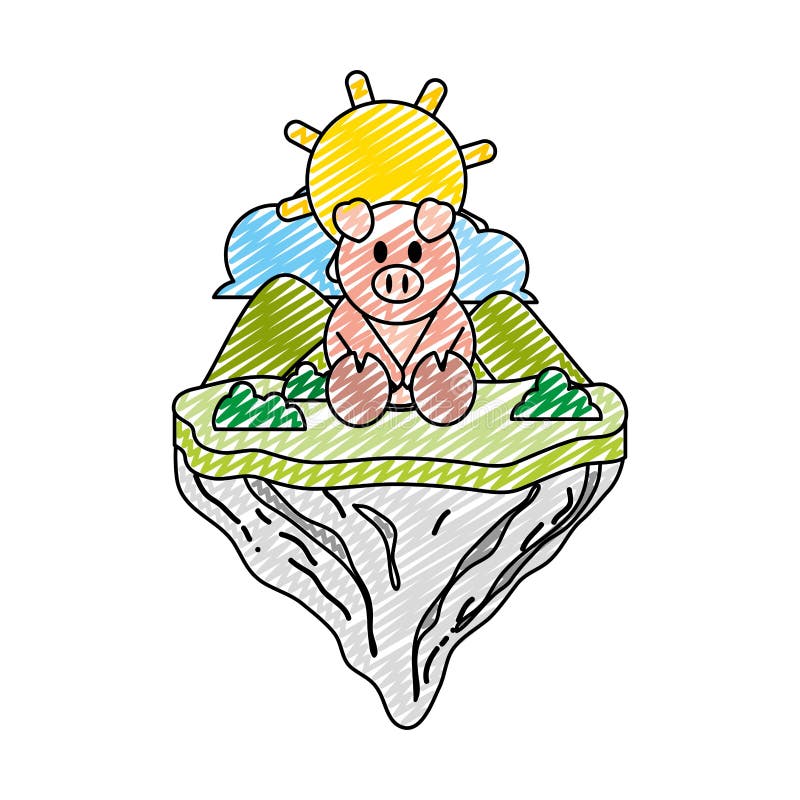 Doodle Cute Pig Animal in Float Island Stock Vector - Illustration of ...