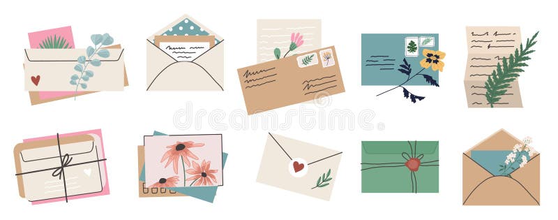 Doodle Envelopes. Craft Paper Letters Sealed or Opened Stock Vector ...