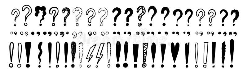 Doodle Exclamation Marks, Question Marks. Punctuation Drawing Black ...