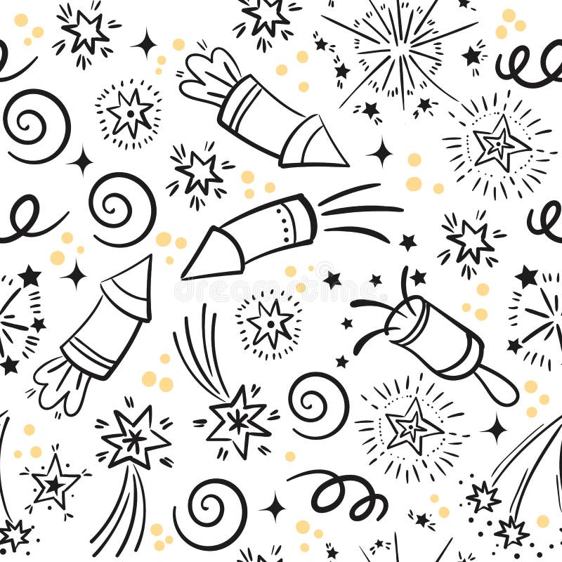 Doodle Firework Wrapping. Drawing Fireworks Seamless Pattern, Festival ...