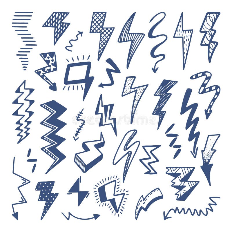Doodle Flash Set. Thunder Lighting Drawing, Power or Electricity ...