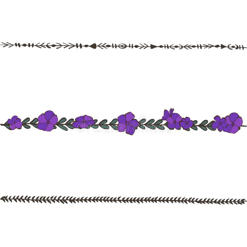 Doodle Floral Line with Violets. Flower Design Elements, Floral Border ...