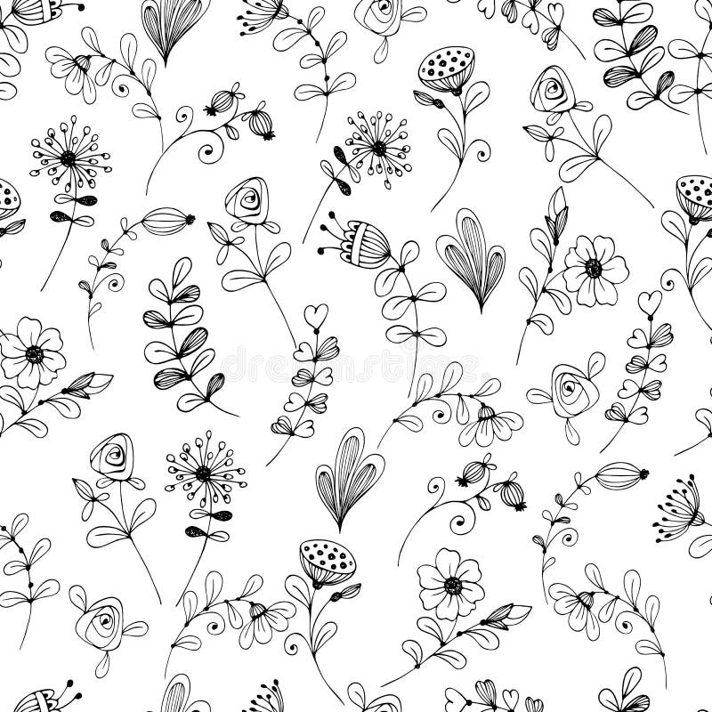 Doodle Flower Pattern Black and White. Vector Stock Illustration ...