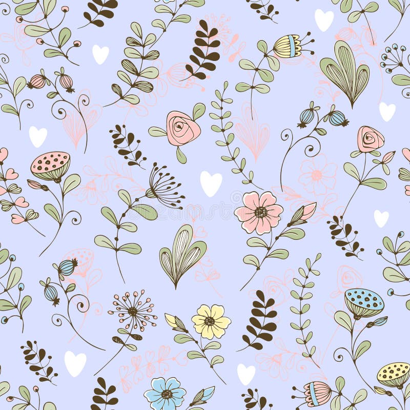 Doodle Flower Pattern Delicate Flowers on a Lilac Background. Vector ...