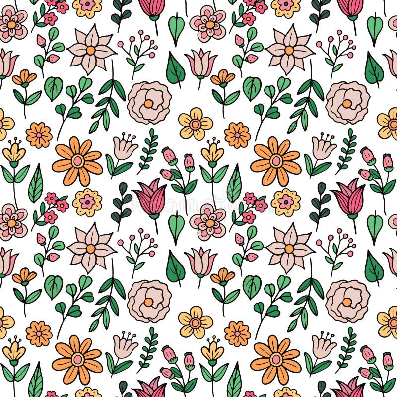 Doodle Flowers and Leaves Pattern. Hand Drawn Vector Illustration Stock ...