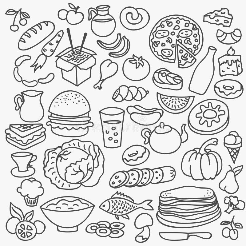 Doodle Food Icons. Vector Hand Drawn Set Stock Vector - Illustration of ...