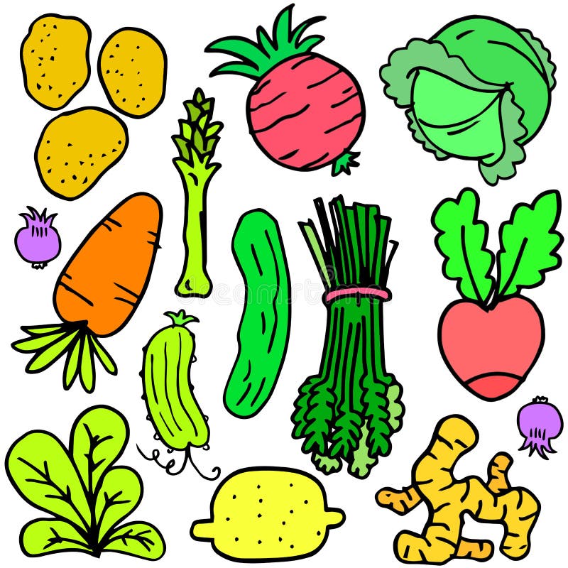 Doodle with Fresh Vegetables Set Stock Vector - Illustration of white ...