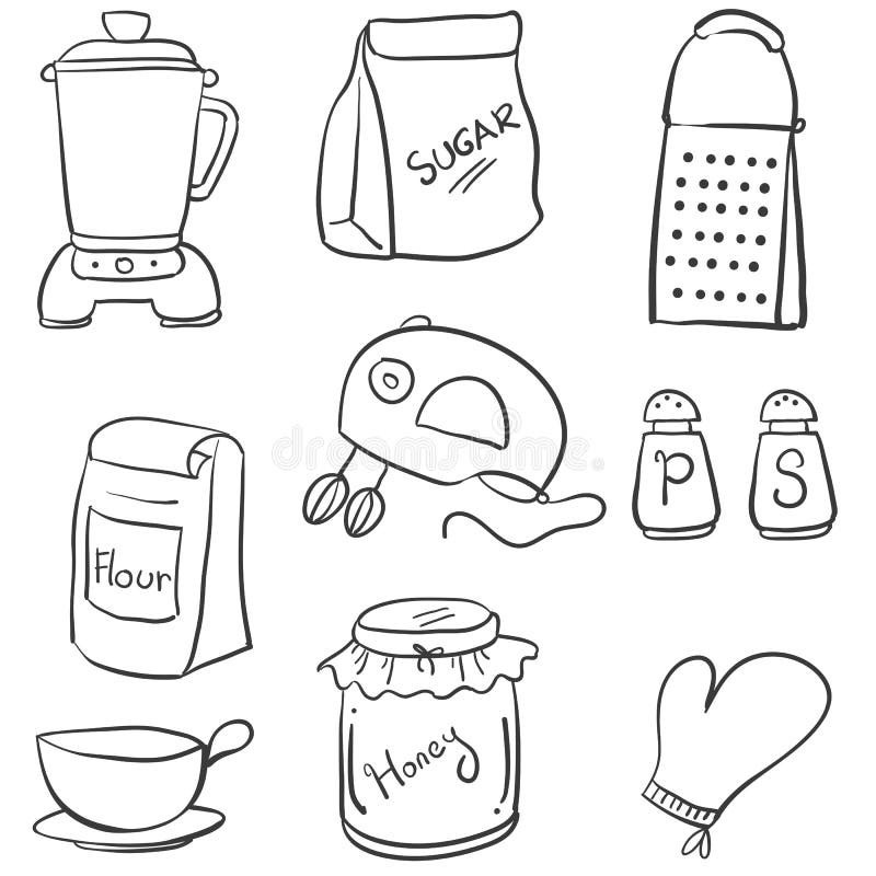 Kitchen Set Hand Draw Cartoon Doodles Stock Vector - Illustration of ...