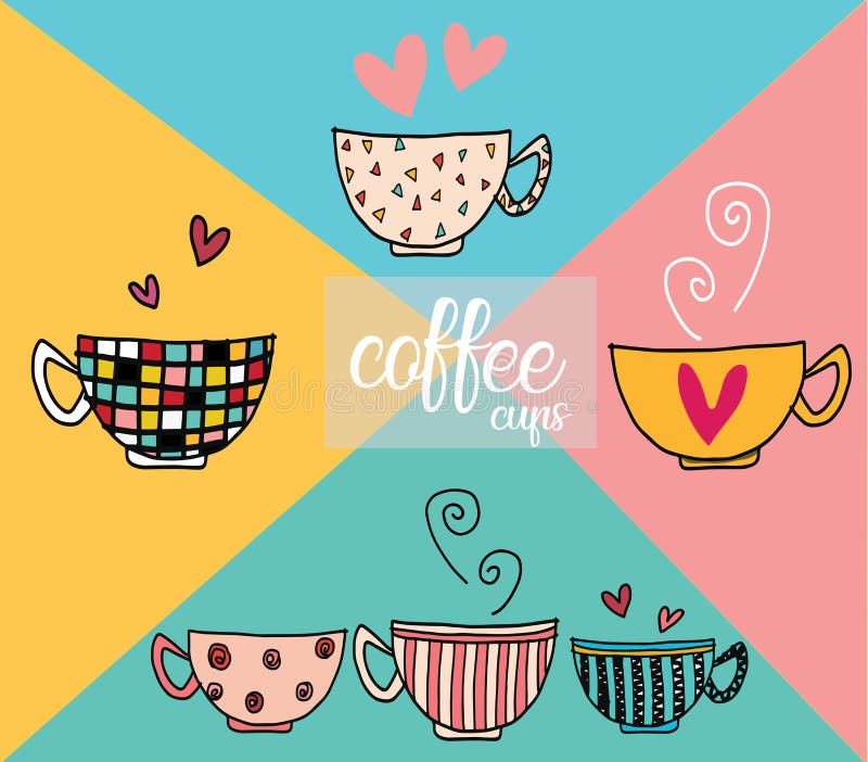 Doodle Hand Drawing Set of Coffee Cups in Different Pattern Designs ...