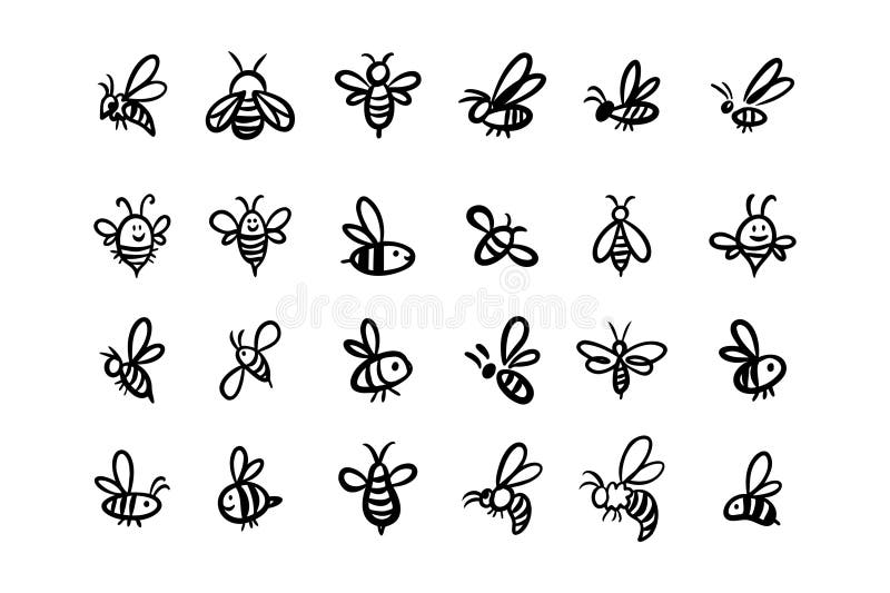 Doodle Hand Drawn Bee. Set Cartoon Outline Line Style Bees Stock Vector ...