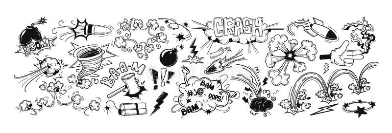 Doodle Hand Drawn Comic Bomb Explosions with Boom Crash Effect Stock ...
