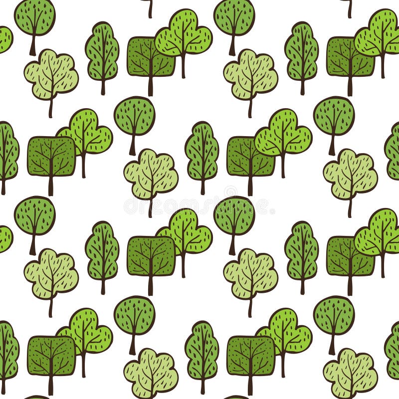 Doodle Hand Drawn Cute Forest Trees Seamless Pattern. Green ...