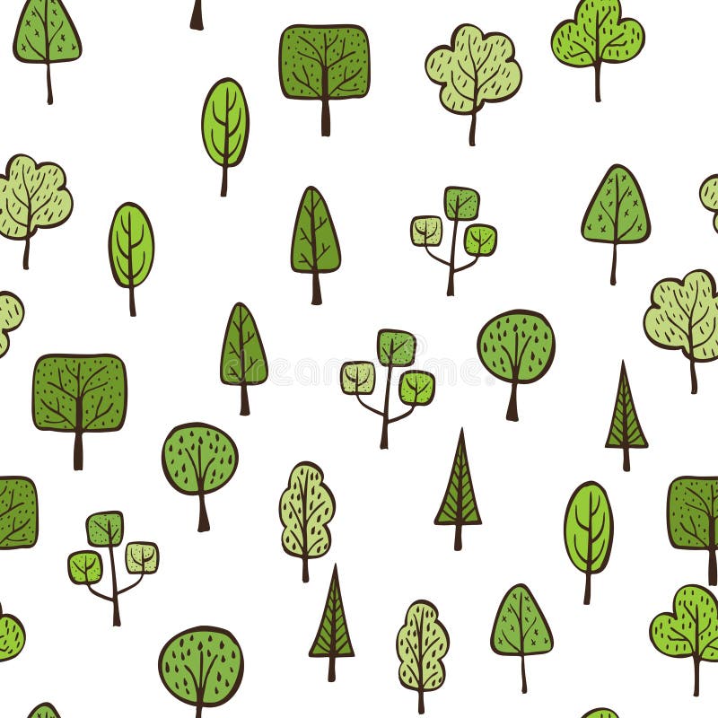 Doodle Hand Drawn Cute Forest Trees Seamless Pattern. Green ...