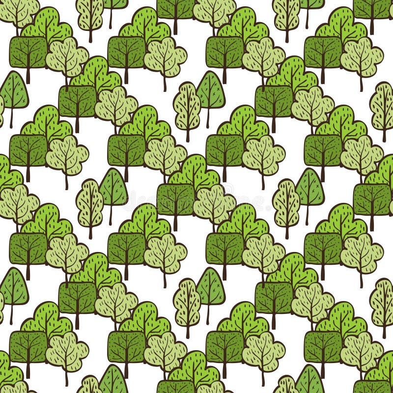 Doodle Hand Drawn Cute Forest Trees Seamless Pattern. Green ...