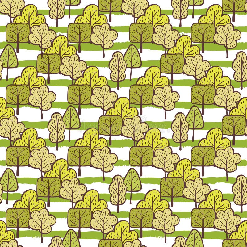 Doodle Hand Drawn Cute Forest Trees Seamless Pattern. Green ...