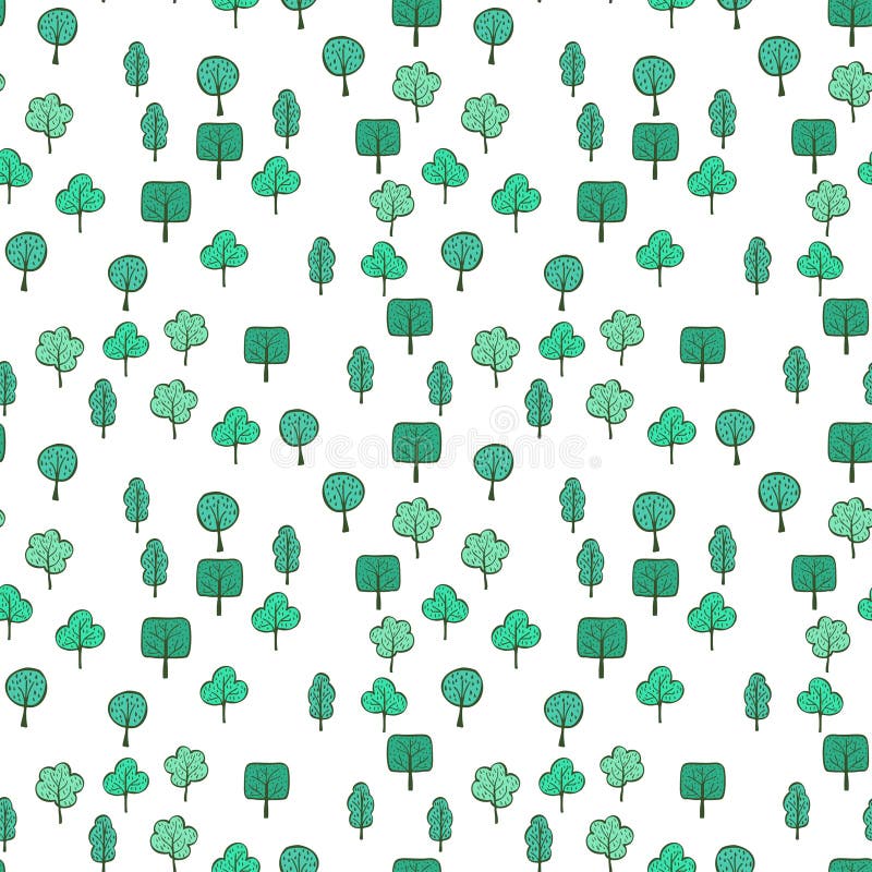 Doodle Hand Drawn Cute Forest Trees Seamless Pattern. Green ...