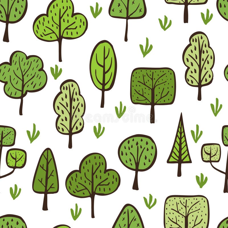 Doodle Hand Drawn Cute Forest Trees Seamless Pattern. Green ...