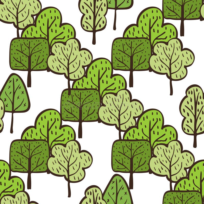 Doodle Hand Drawn Cute Forest Trees Seamless Pattern. Green ...