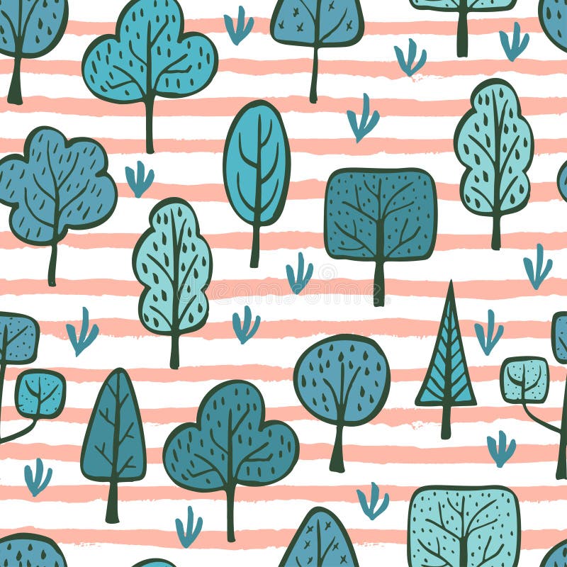 Doodle Hand Drawn Cute Forest Trees Seamless Pattern. Green ...