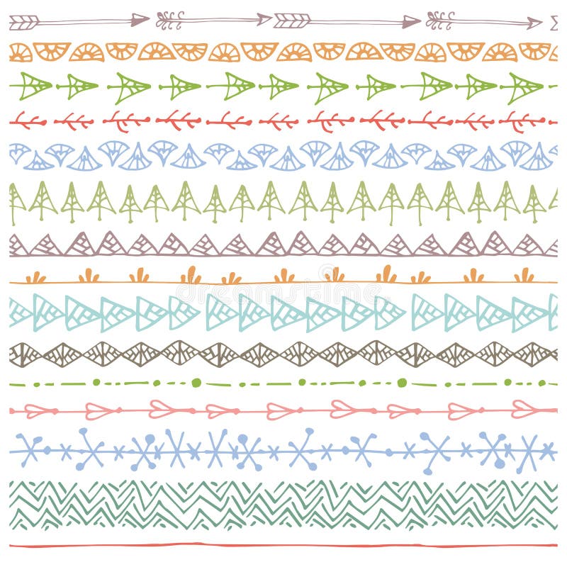 Doodle Hand Drawn Seamless Line Border Set.Colored Decor Stock Vector ...