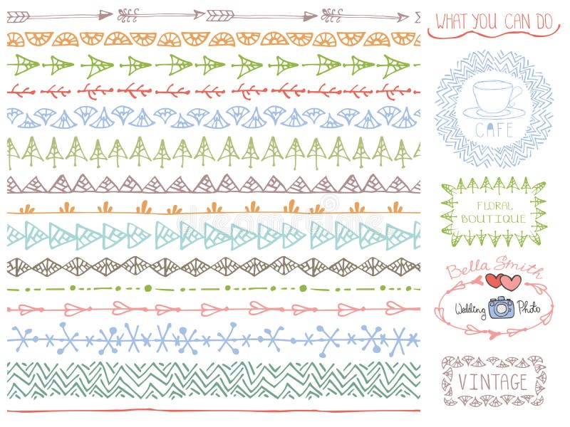 Doodle Hand Drawn Seamless Line Borders Set.Colored Logo Stock Vector ...