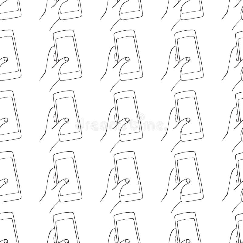 Doodle Hand Drawn Sketch of Hand Using or Holding Smart Mobile Phone ...