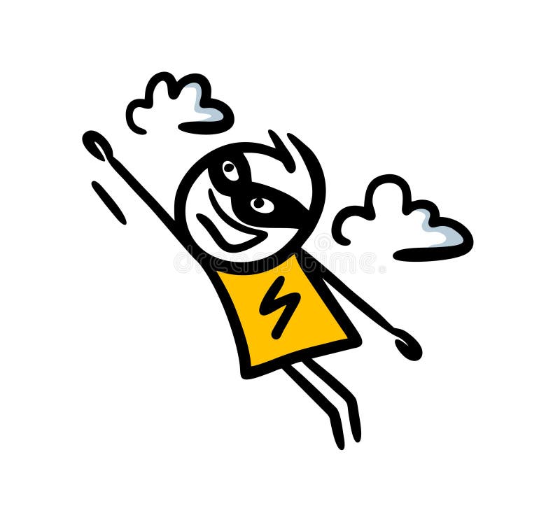 Doodle Hand Drawn Superman with Raised Arm Flying Trough the Clouds ...
