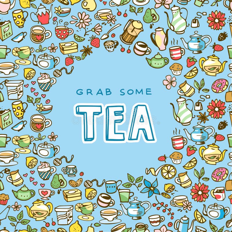 Colorful tea doodles stock vector. Illustration of green - 100896338