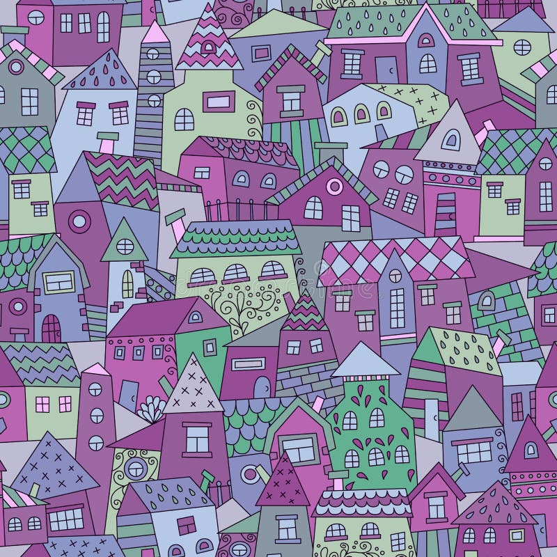 Doodle Hand Drawn Town Seamless Pattern. Stock Vector - Illustration of ...