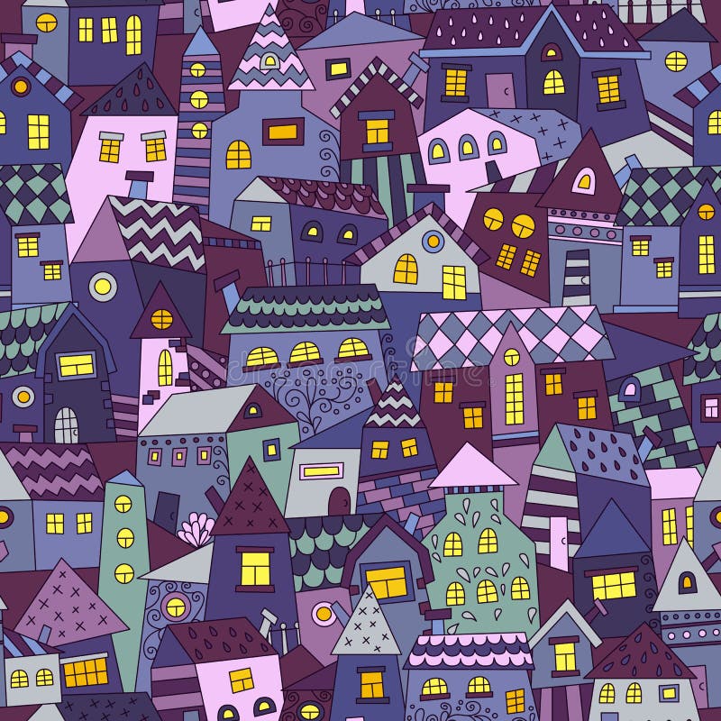 Doodle Hand Drawn Town Seamless Pattern. Stock Vector - Illustration of ...