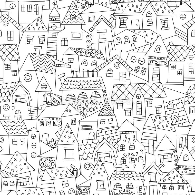 Doodle Hand Drawn Town Seamless Pattern. Stock Vector - Illustration of ...