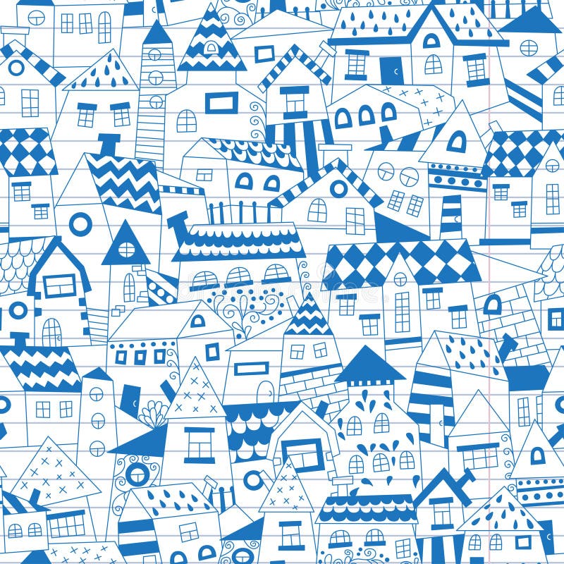Doodle Hand Drawn Town with Plants Seamless Pattern Stock Vector ...