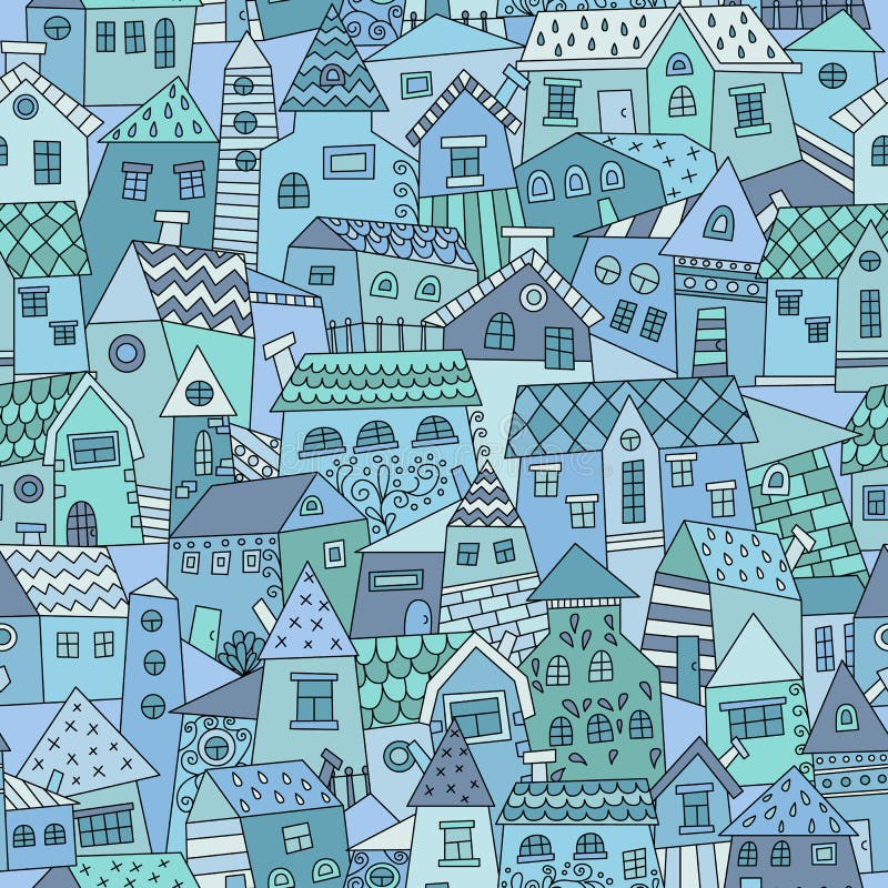 Doodle Hand Drawn Town Seamless Pattern Stock Vector - Illustration of ...