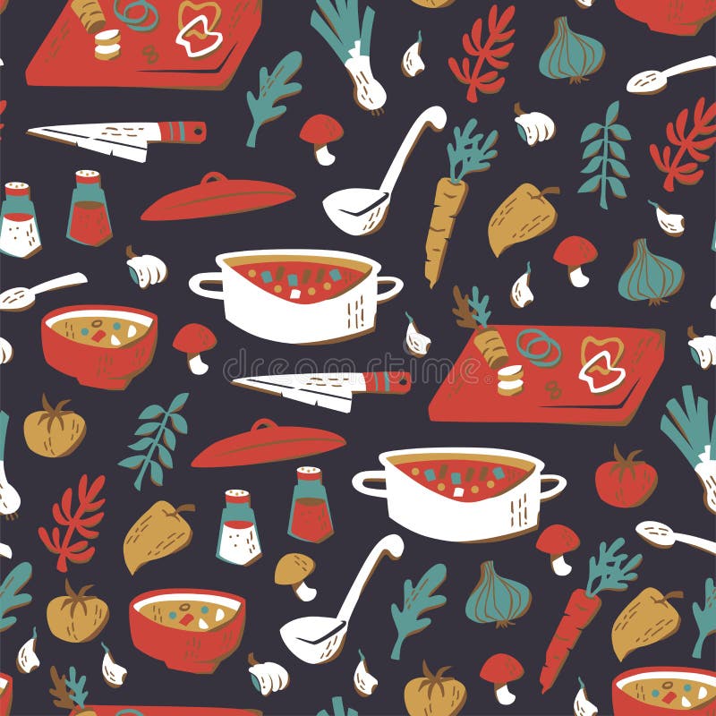 Doodle Hand Drawn Vegetable Soup Seamless Pattern. Vector Illustration ...