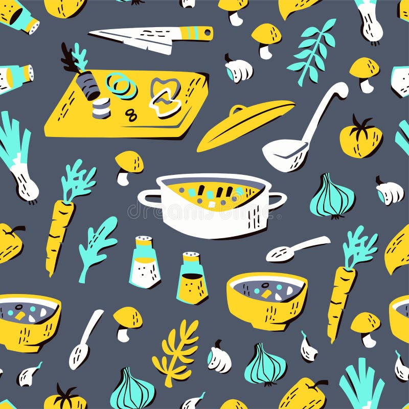 Doodle Hand Drawn Vegetable Soup Seamless Pattern. Vector Illustration ...