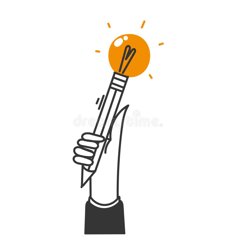 Doodle Hand Holding Pen with Light Bulb Symbol for Idea Brain ...