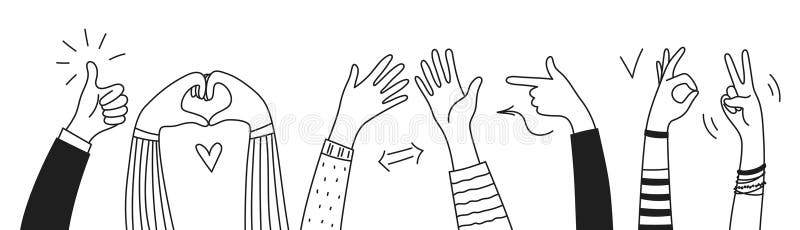 Doodle Hands Drawn Up. Hand Gesture, Ok, Class, Hello. Vector Stock ...