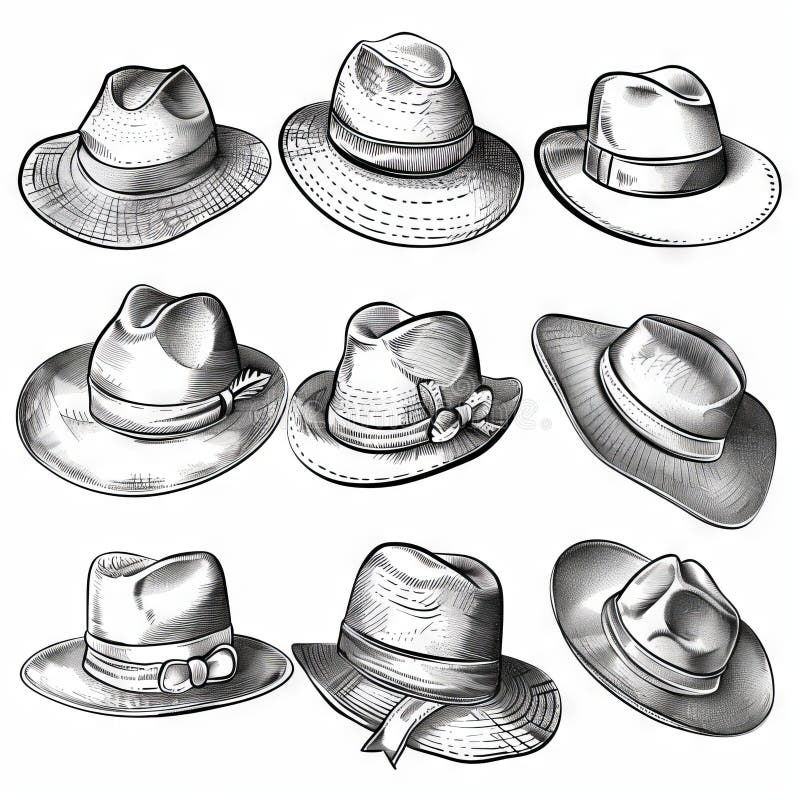 Doodle Hats Set, Bonnet, Beret, Fedora Linear Drawings Collection Stock ...
