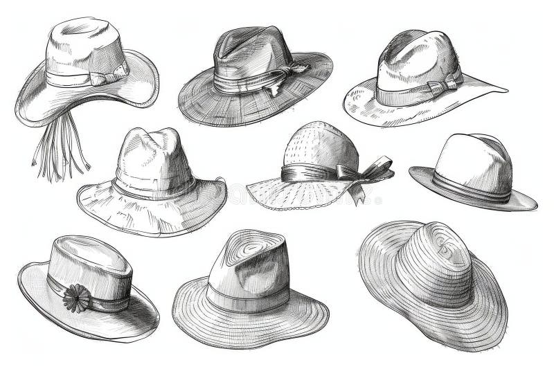 Doodle Hats Set, Bonnet, Beret, Fedora Linear Drawings Collection Stock ...