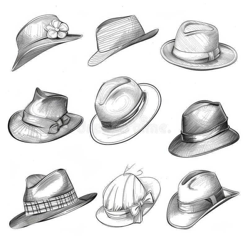 Doodle Hats Set, Bonnet, Beret, Fedora Linear Drawings Collection Stock ...